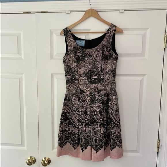 Prada | Dresses | Prada Blush And Black Lace Print Mini Dress | Poshmark